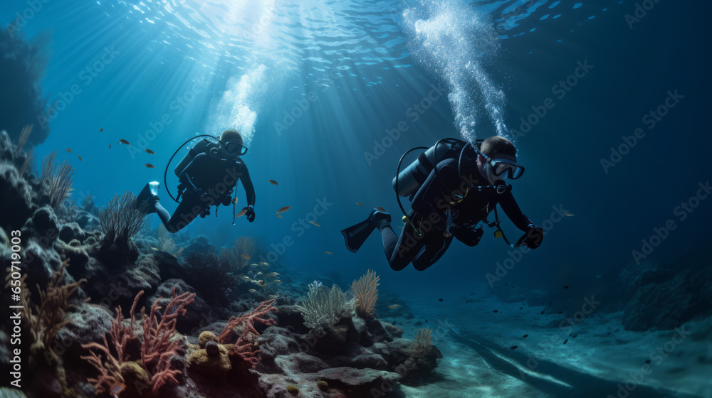 Divers, underwater, exploring, ocean, sea, marine, adventure, scuba ...