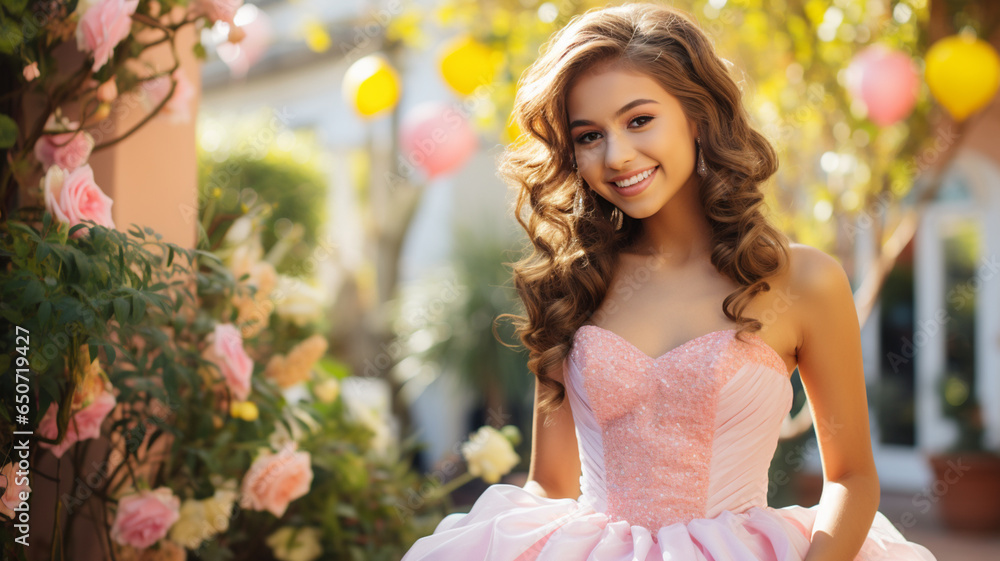 Pretty girl posing on her fifteenth birthday. Quinceañera (Quinceanera ...