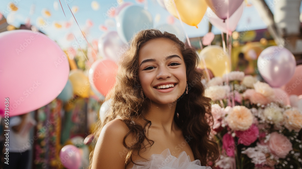 Pretty girl posing on her fifteenth birthday. Quinceañera (Quinceanera ...