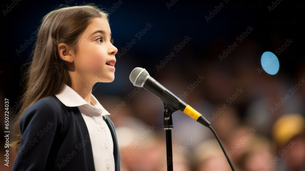Young kid girl participating in a national spelling bee competition ...