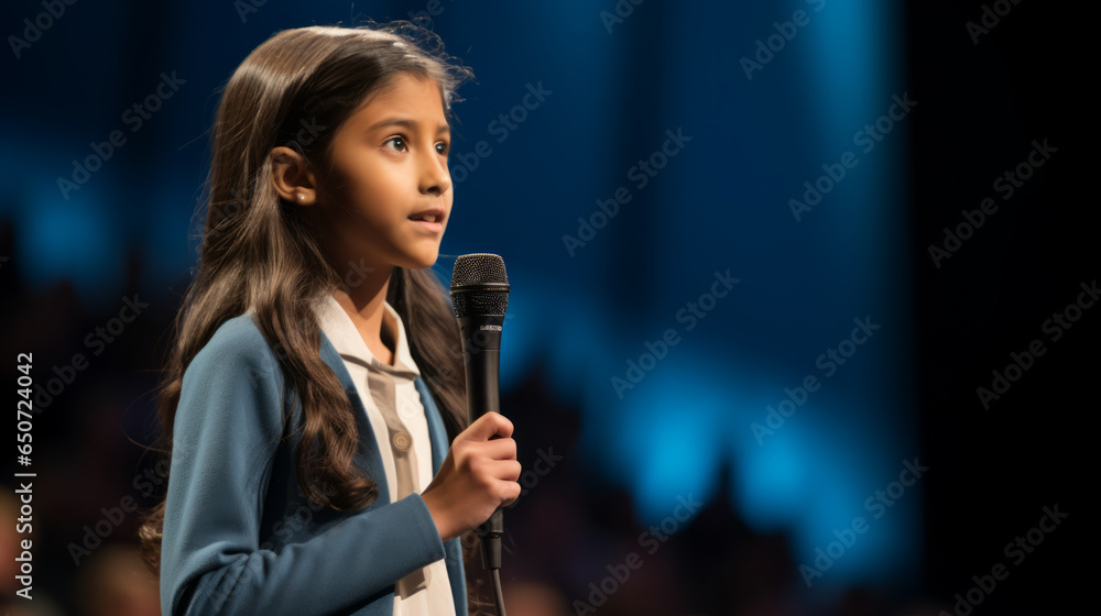 Young kid girl participating in a national spelling bee competition ...