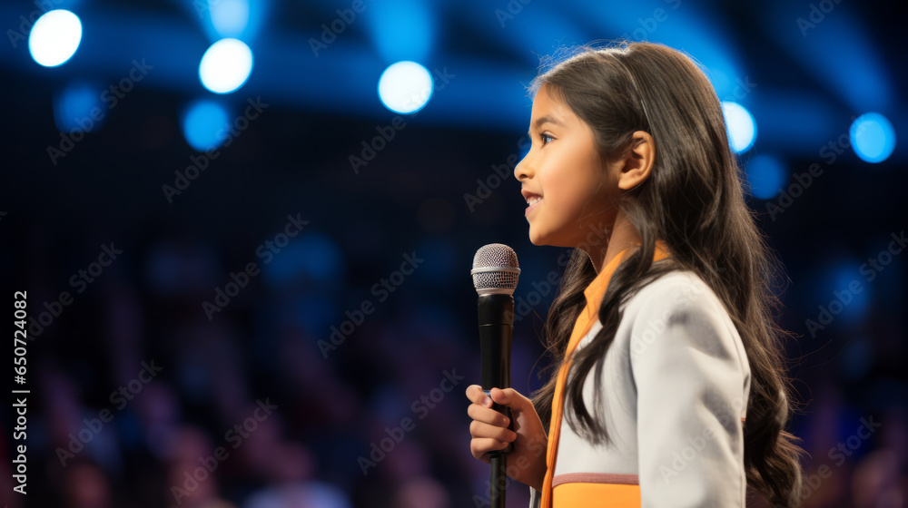 Young kid girl participating in a national spelling bee competition ...