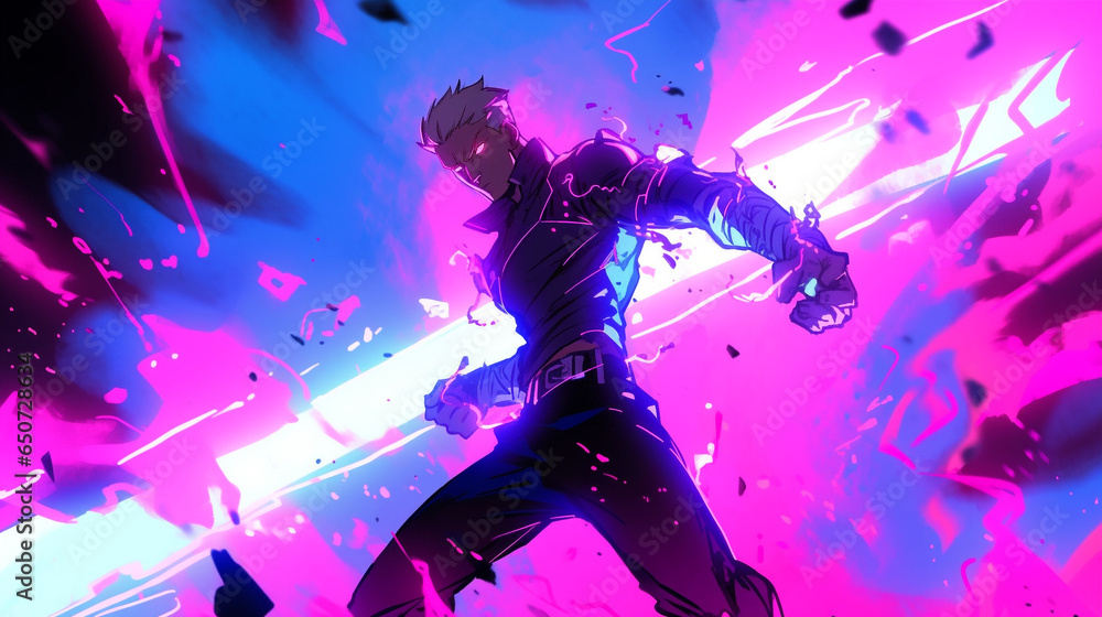 cool action pose anime for hero male fighter character, fire sparks ...