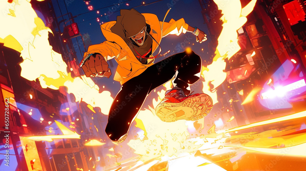 cool action pose anime for hero male fighter character, fire sparks ...