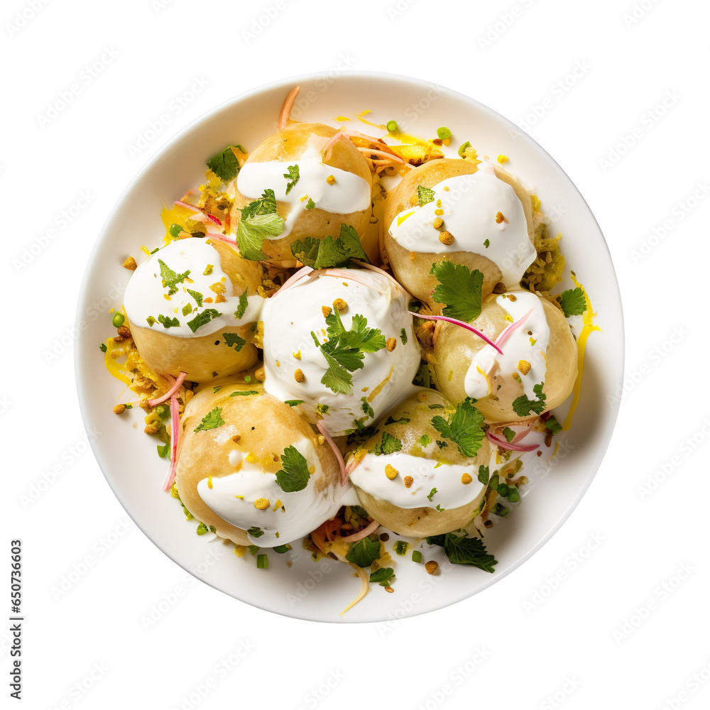 top view of indian food Dahi Puri isolated on a transparent white ...