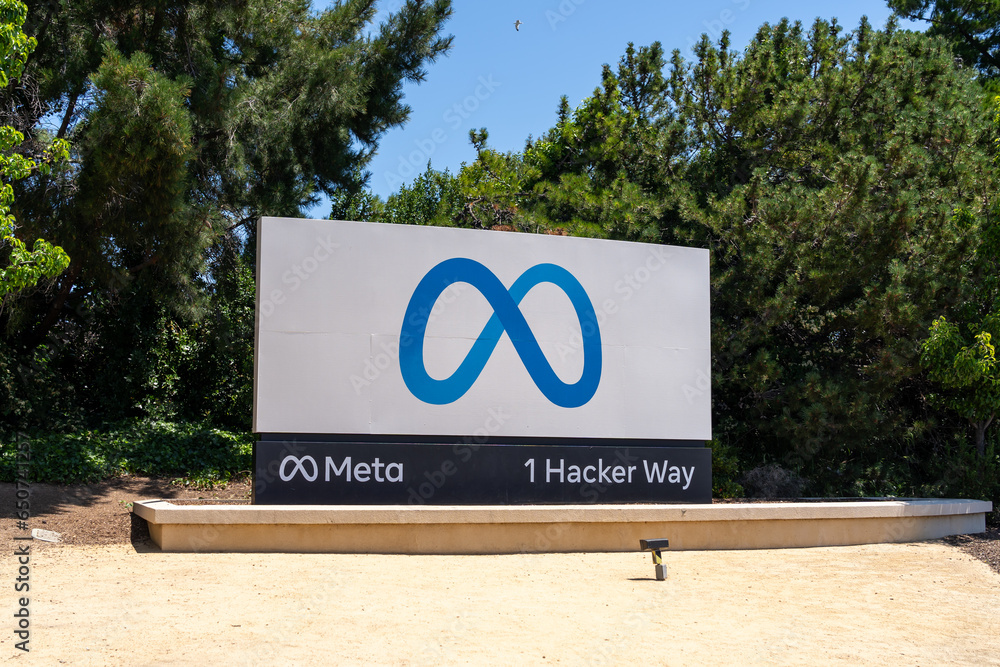 Meta logo is seen outside the Meta Platform Inc.'s headquarters campus ...