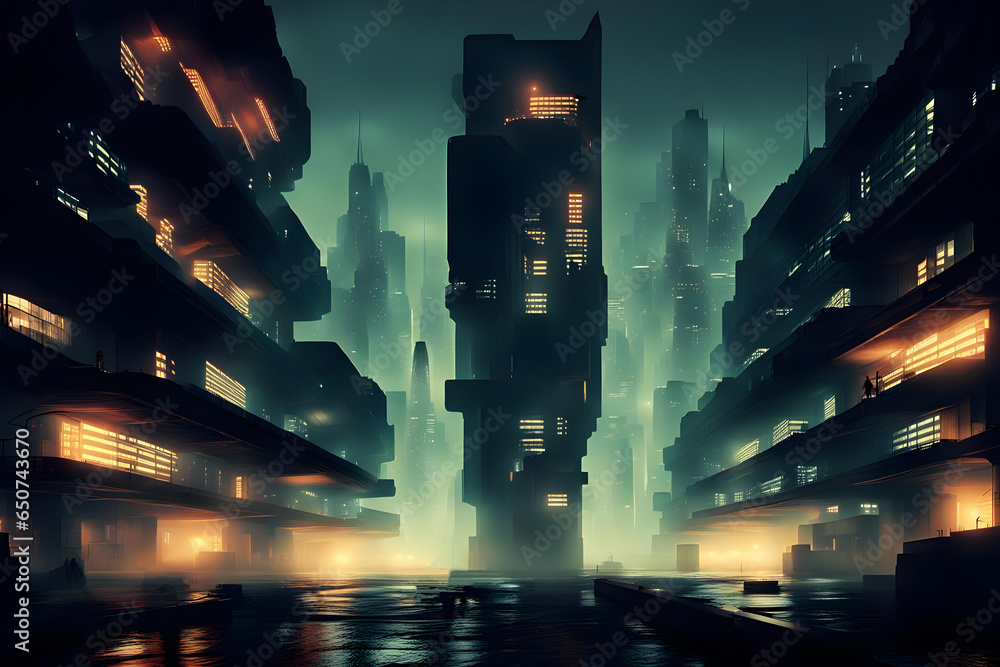 cinematic cityscape view of a futuristic cyberpunk city at night crowded with glowing tall ...