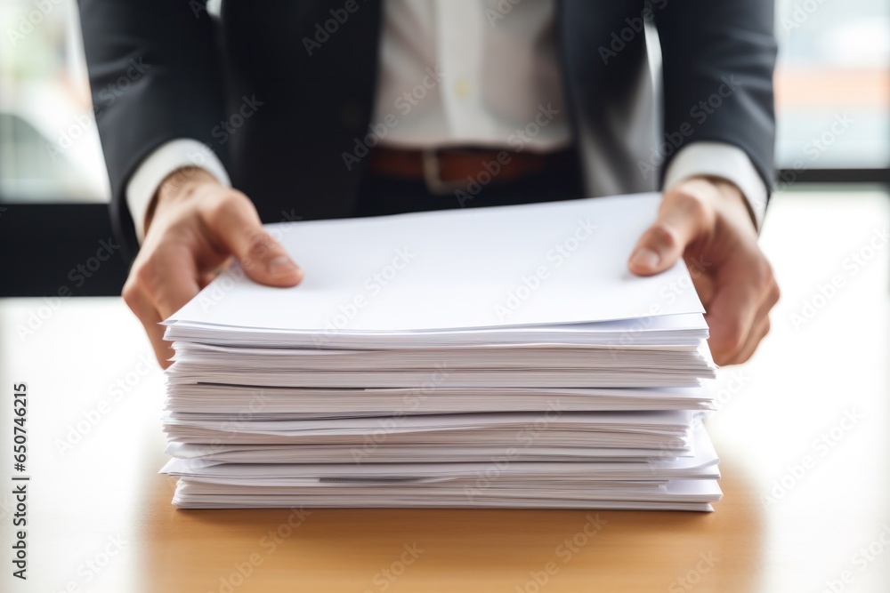 a businessman is holding stack of documents on his office work desk ...