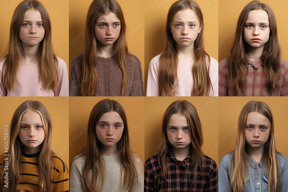 Set sad faces of kids. Sad child girls expressing different negative ...
