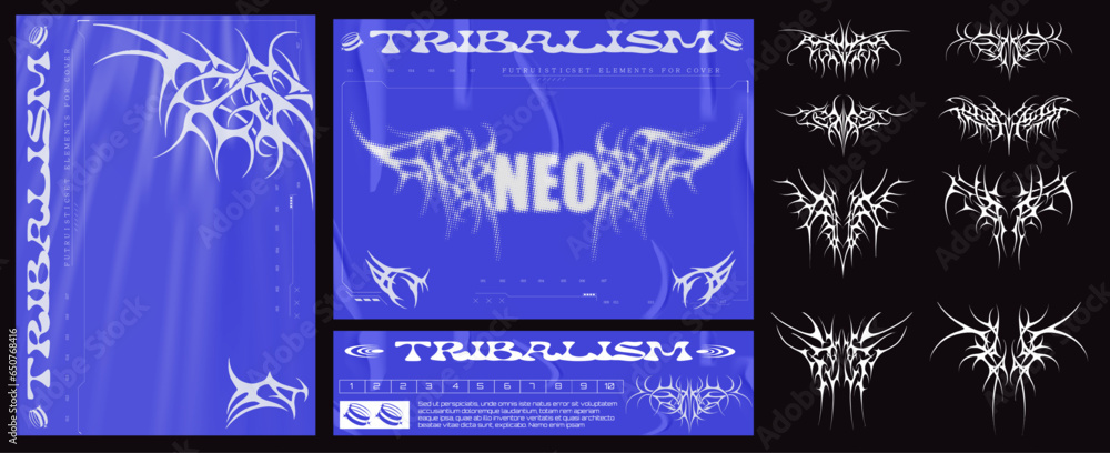Modern poster Neo tribal geometric patterns. Gothic Cyber sigilism ...