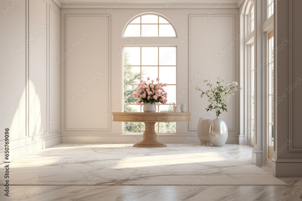 Hotel Foyer Entryway Lobby with Floral Arrangement on Round Table, Arch ...