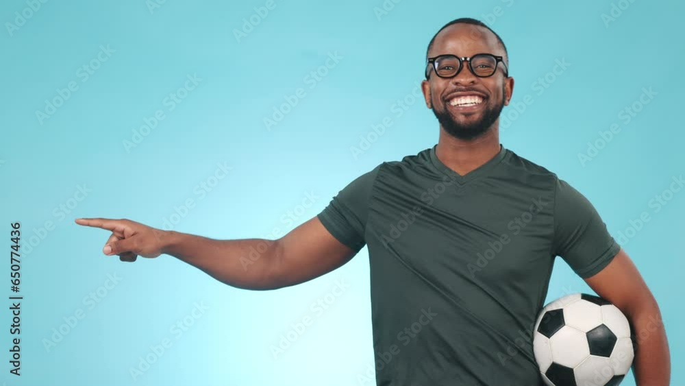 Black man, sports and studio with pointing for football with list for ...