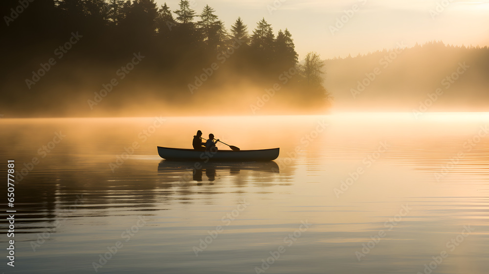 Serene lakeside scene with a couple rowing a boat together surrounded ...