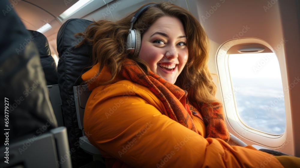 Plus size woman on an airplane. Happy overweight girl flies on vacation ...