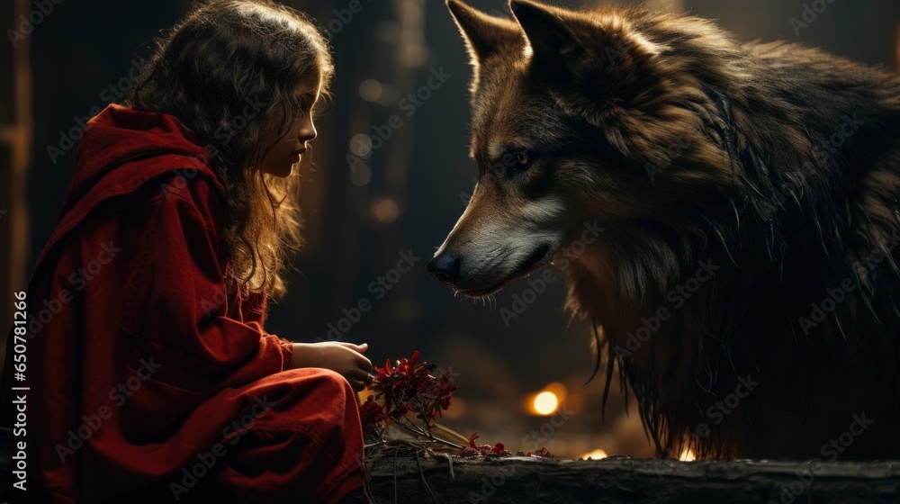 Fairy tale scene of Little Red Riding Hood and the wolf in the forest ...