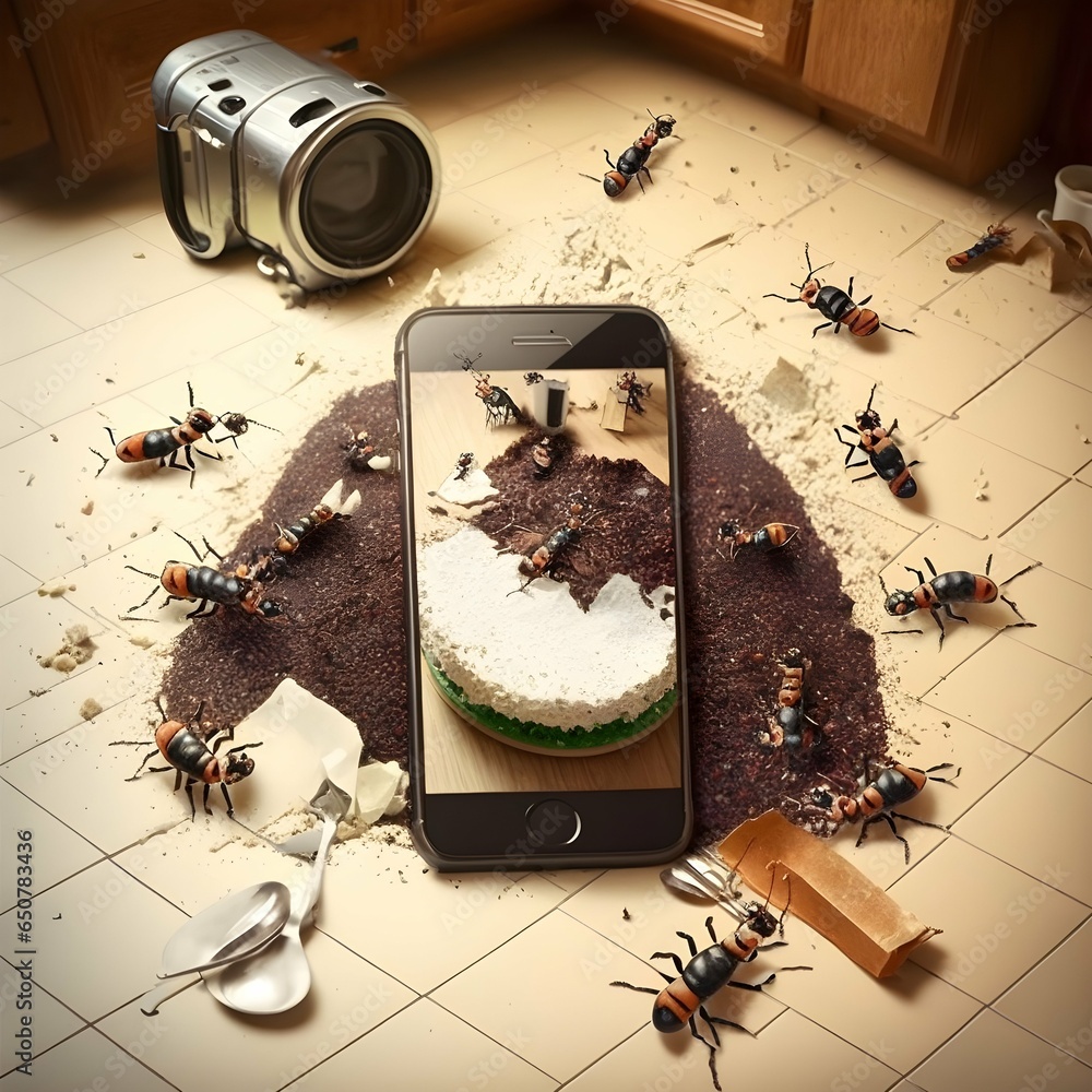 Ants taking selfies on top of scattered food in the kitchenUltra wide ...
