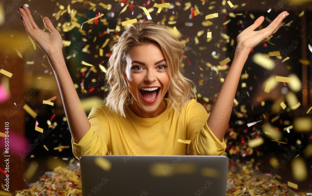 Woman celebrating her win with falling confetti in front of a laptop ...