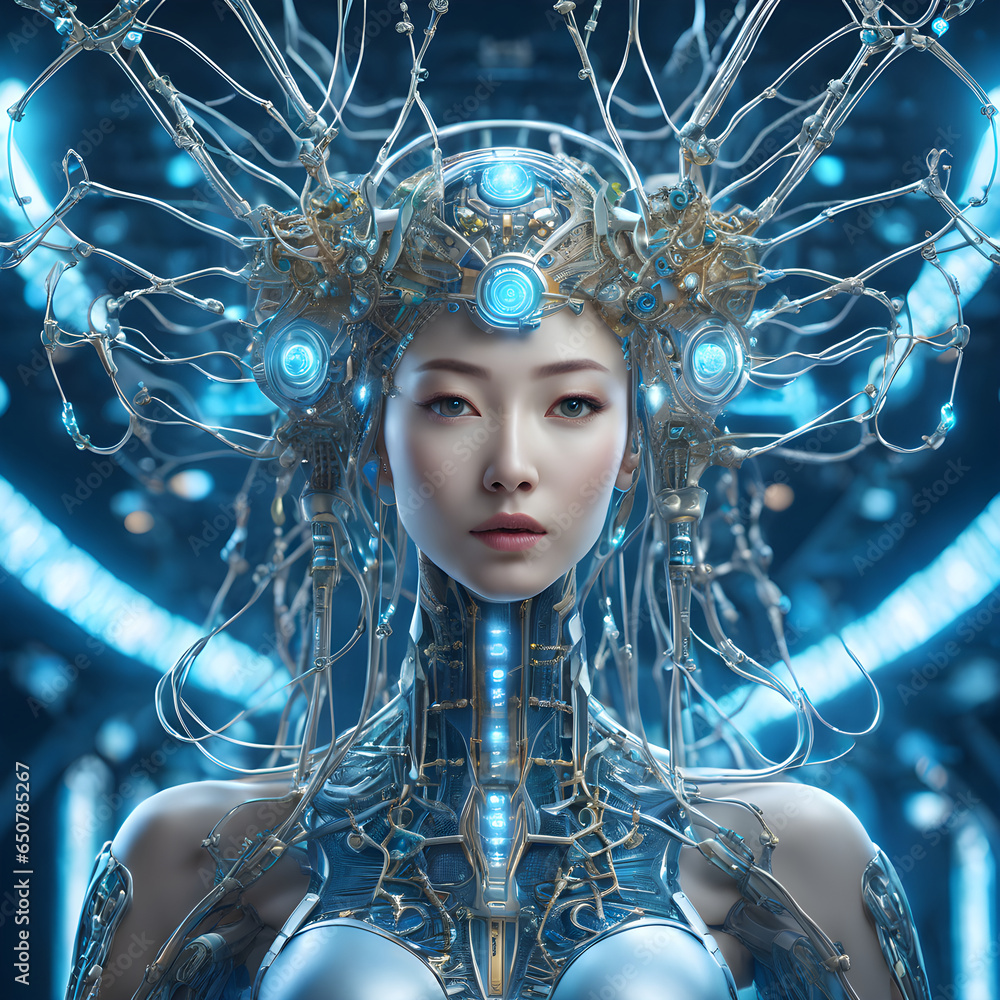Picture a cybernetic deity, with limbs that intertwine with circuitry ...