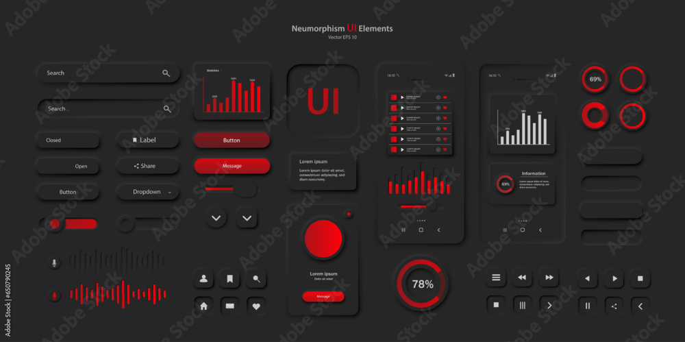 A set of user interface elements for a mobile application in black red ...
