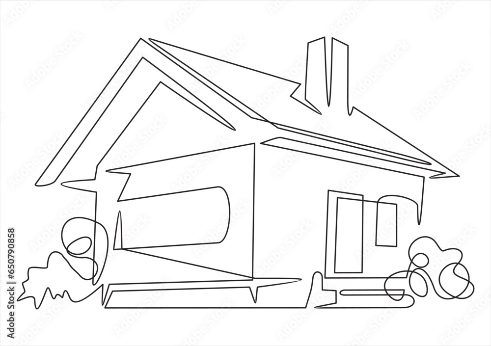The house is drawn by one black line on a white background. Continuous ...