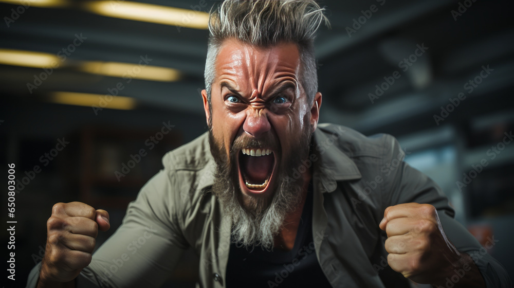 Intense fitness instructor, furious with clenched fists and expressive ...