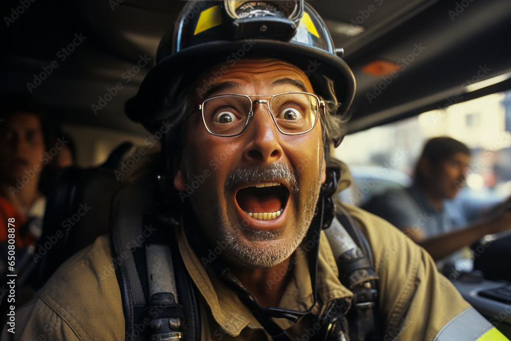 Astonishing portrayal of a shocked firefighter, mouth agape in stunned ...