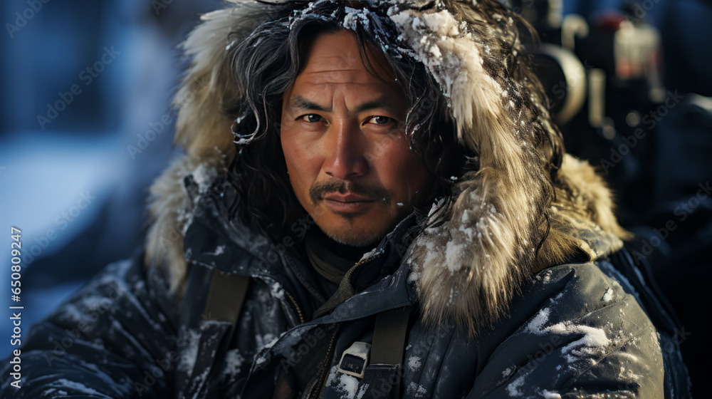 Compelling portrait of an anxious Inuit hunter, his furrowed brow ...
