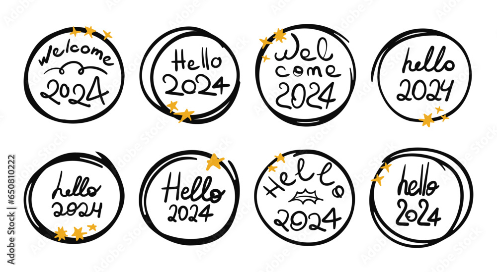 Hello 2024 doodle sticker set. Handwritten phrase with doodle circle ...