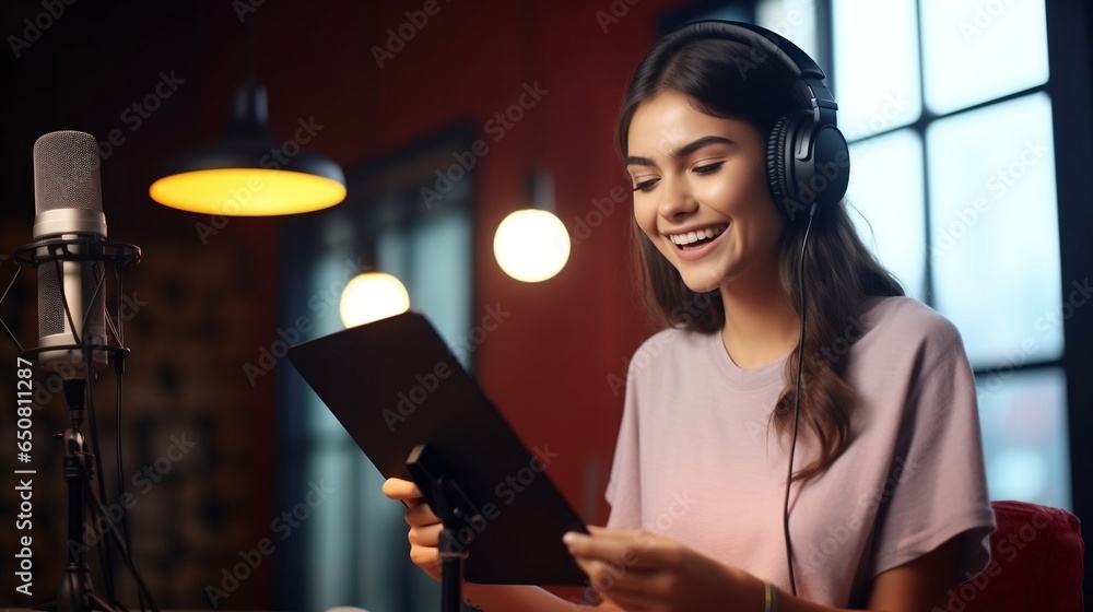 Happy blogger speaking into microphone while reading using notepad in ...