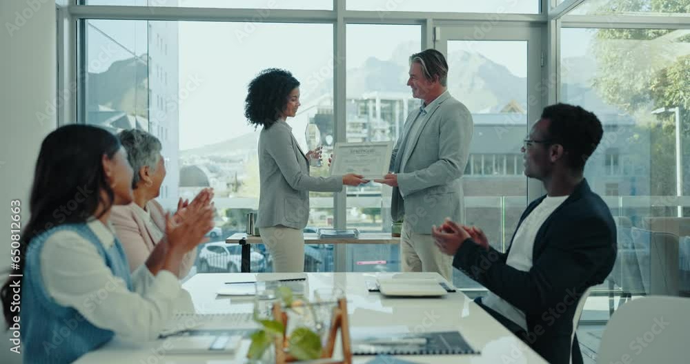 Prize, happy woman or business team celebrate, applause or praise ...