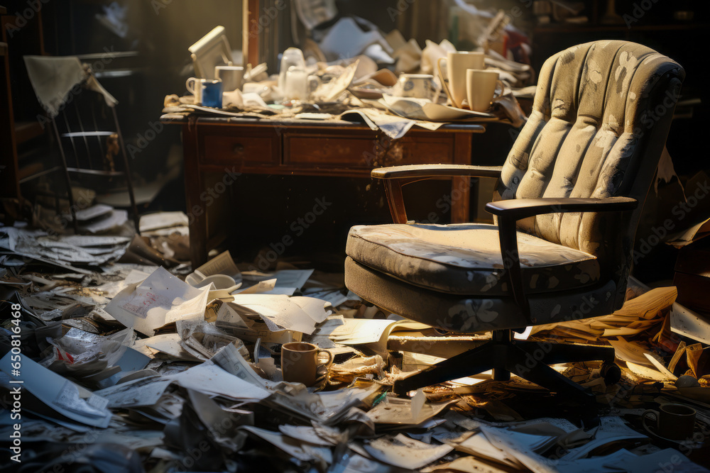 Dramatic scene unfolding in an office, with a tipped ergonomic chair ...