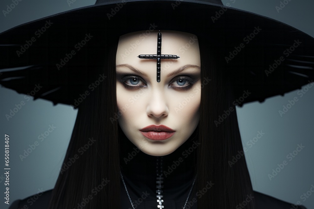 Gothic Fashion Nun with Cross Forehead Mark. Dark-themed portrait of a ...