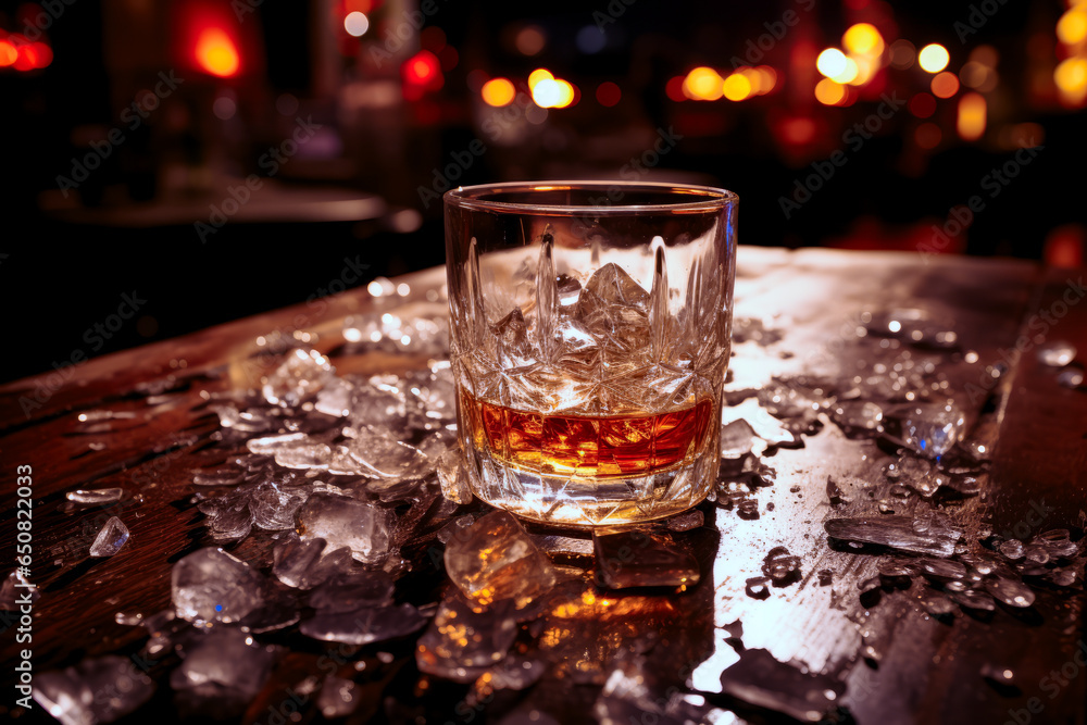 Dramatic shattered whiskey glass and spilled liquor on dimly-lit bar ... Dramatic shattered whiskey glass and spilled liquor on dimly-lit bar ...
