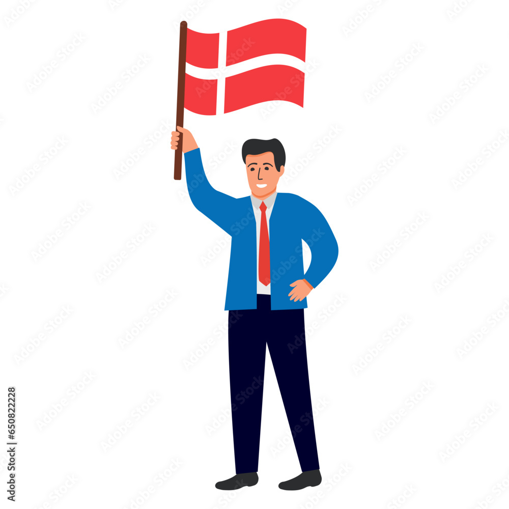 Denmark flag waving man.Joyful guy hand holding Denmark flag.Character ...