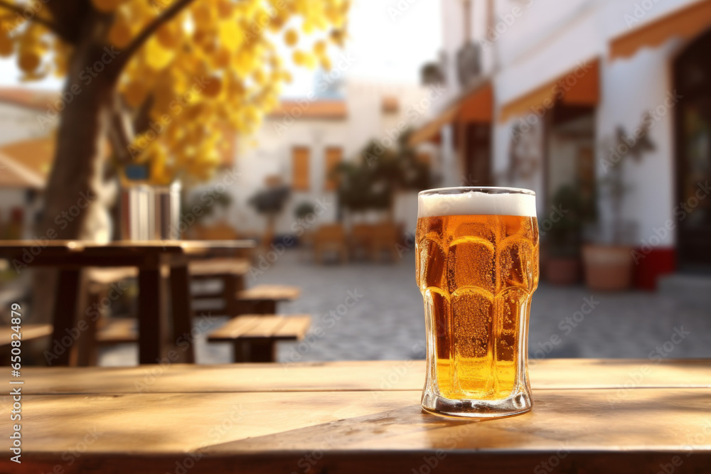 pinte de bière posé sur une table en bois en terrasse d'un bar en été ...