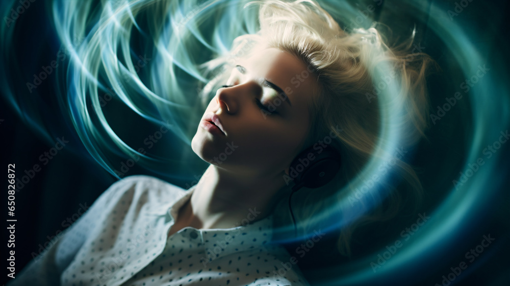 An out-of-focus image portrays a woman in the midst of a vertigo ...