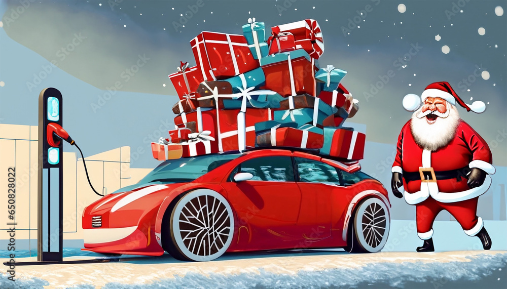 Jolly Santa Claus standing next to his new all- electric vehicle piled ...