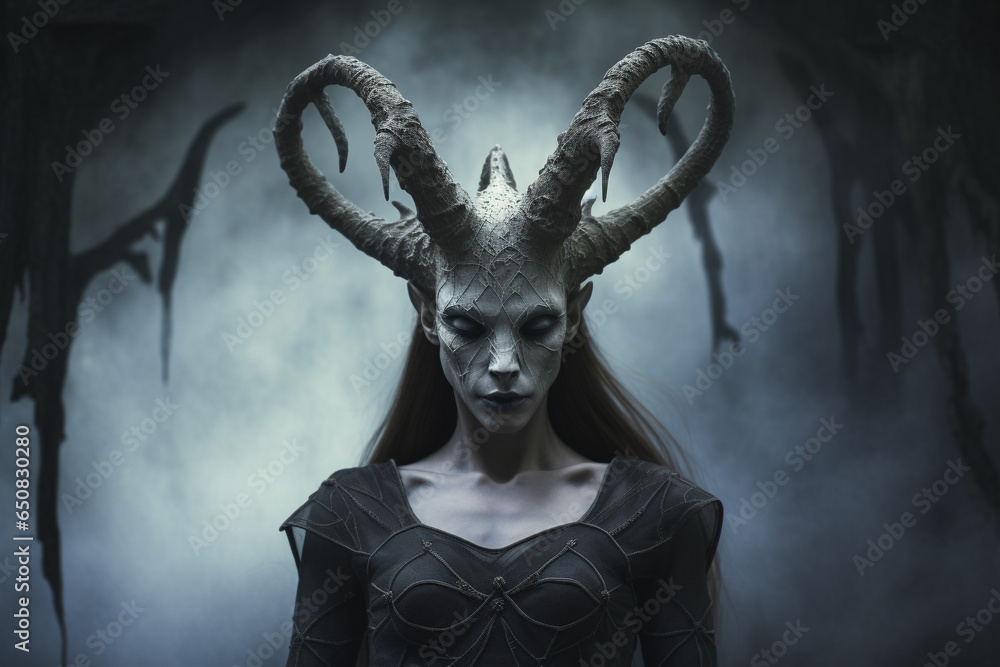 Horror, fantasy, sci-fi, culture and religion, make-up concept. Evil ...