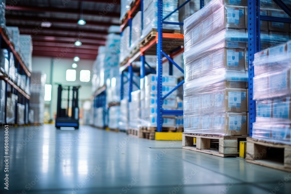 Retail warehouse full of shelves with goods in cartons, with pallets ...