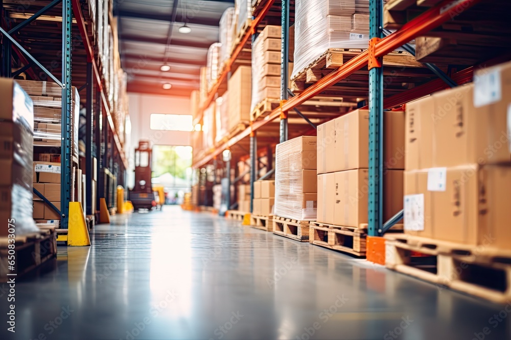 Retail warehouse full of shelves with goods in cartons, with pallets ...