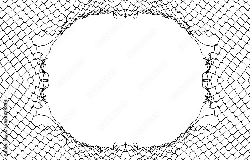 Opening in metallic net fence. isolated on white background. Challenge ...