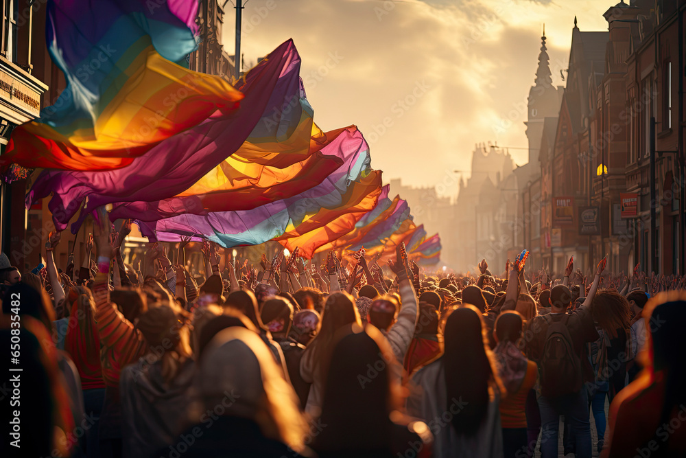 silhouette of a parade of gays and lesbians with a rainbow flag ...