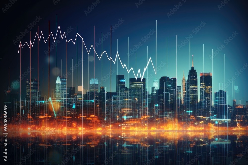 Big data chart on city backdrop.Trade technology, and investment ...