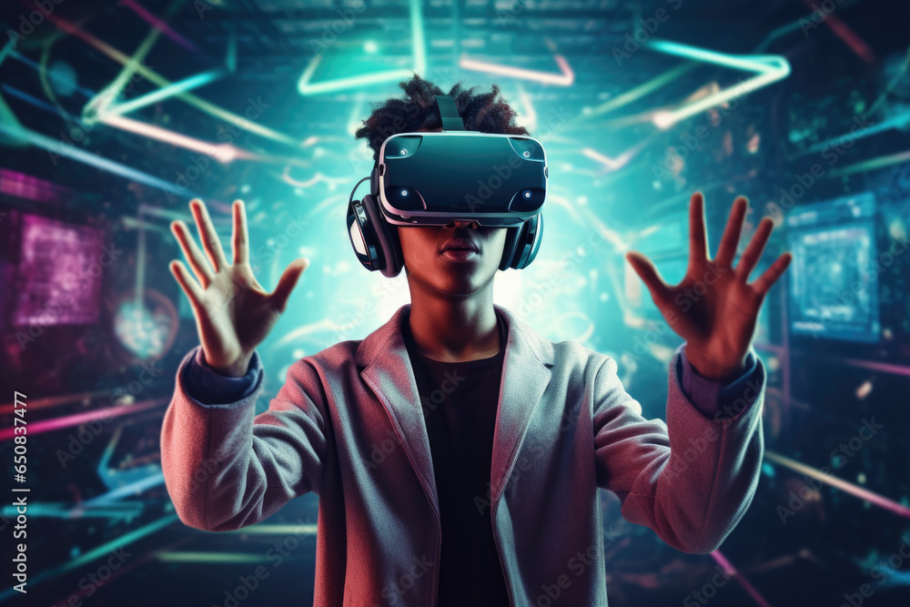 Persona con gafas de realidad virtual o aumentada visualizando datos en ...