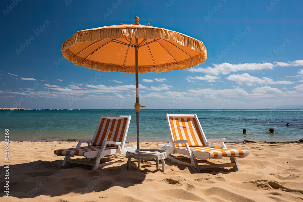 Beautiful beach. Chairs on the sandy beach near the sea. Summer holiday ...