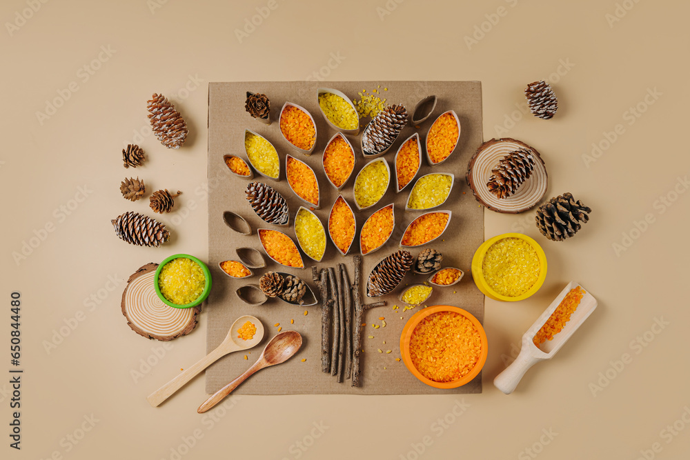 Autumn tree made with colored rice and natural materials. Season art ...