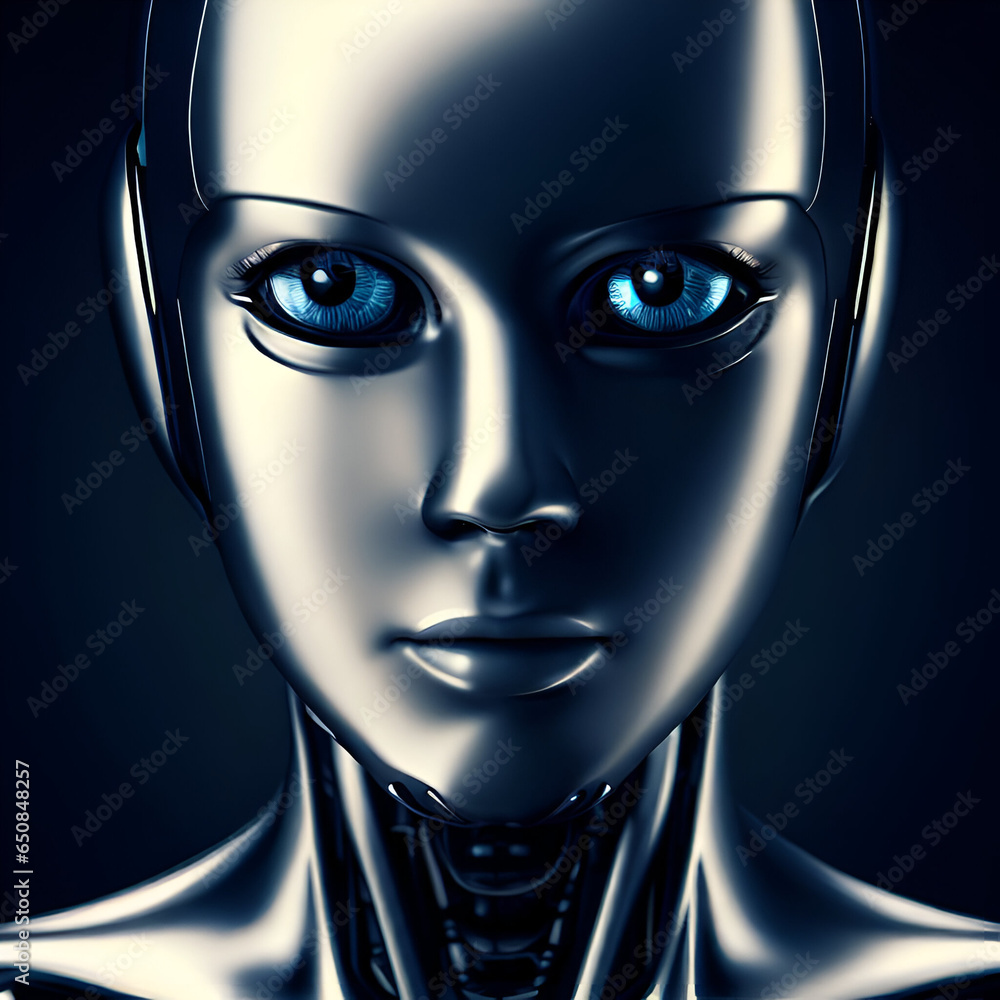 Futuristic Collage of Female Woman Android Humanoid Wire Frame Cyborg Robot Invention Face w ...
