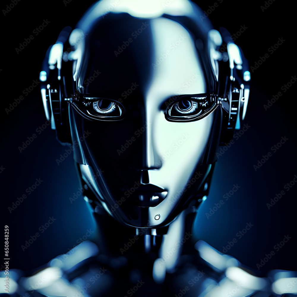 Futuristic Collage of Female Woman Android Humanoid Wire Frame Cyborg Robot Invention Face w ...