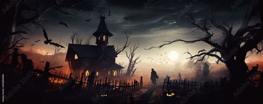 Spooky and atmospheric Halloween night scene with a haunted house, a ...