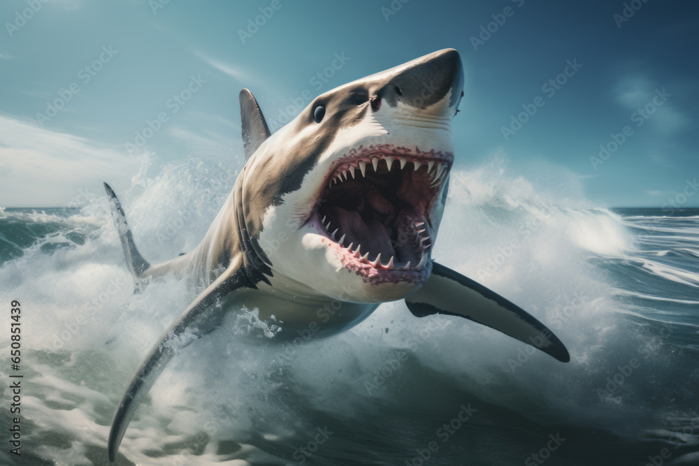 Angry shark jump out of the water. Close up of big shark with open jaw ...